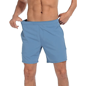 LRD Mens Athletic Workout Shorts with Compression Liner 7 inch Inseam Blue/Pink Surfer Dino - M