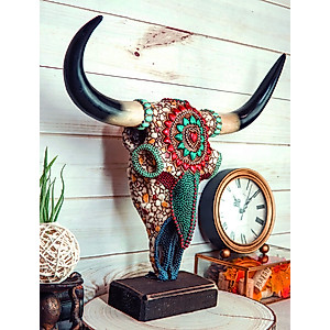 Ebros Gift 17" High Large Western Steer Bison Buffalo Bull Cow Skull Head with Mosaic Turquoise Red Yellow Blue Stones and Beads Ornate Floral Design Desktop Sculpture Native Indian Sacred Skulls