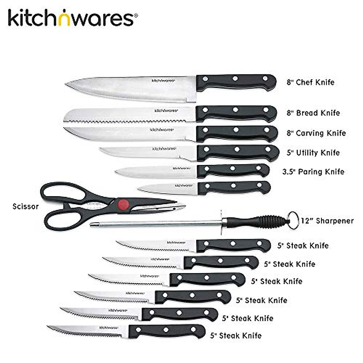 Knife Set With Wooden Block - 15 Piece Set Includes Chef Knife, Bread Knife, Carving Knife, Utility Knife, Paring Knife, Steak Knife, Boning Knife, Scissors And Knife Sharpener. - By Kitch N’ Wares