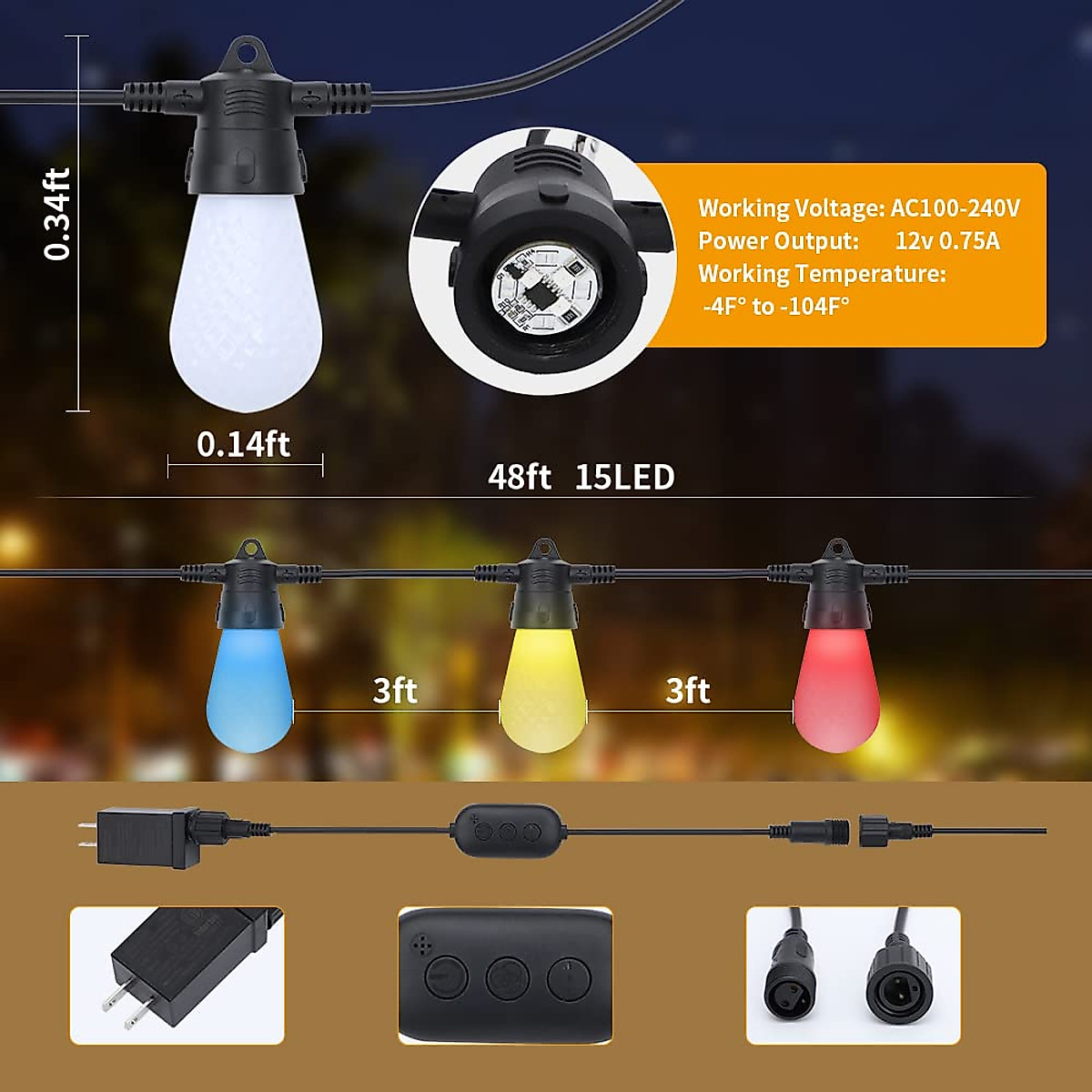 Foruly Smart LED Outdoor String Lights, 48ft RGB Patio Hanging Lights IP65 Waterproof Shatterproof Color Changing String Lights for Backyard Garden Cafe Party Wedding