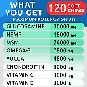 Bark&Spark Advanced Hemp Chews for Dog Joint Pain Relief - Glucosamine Chondroitin Hemp Treats Hip Joint Health - Joint Supplement Large Breed & Small - Hemp Treats Joints Old Senior Dog (120Ct/Bacon)
