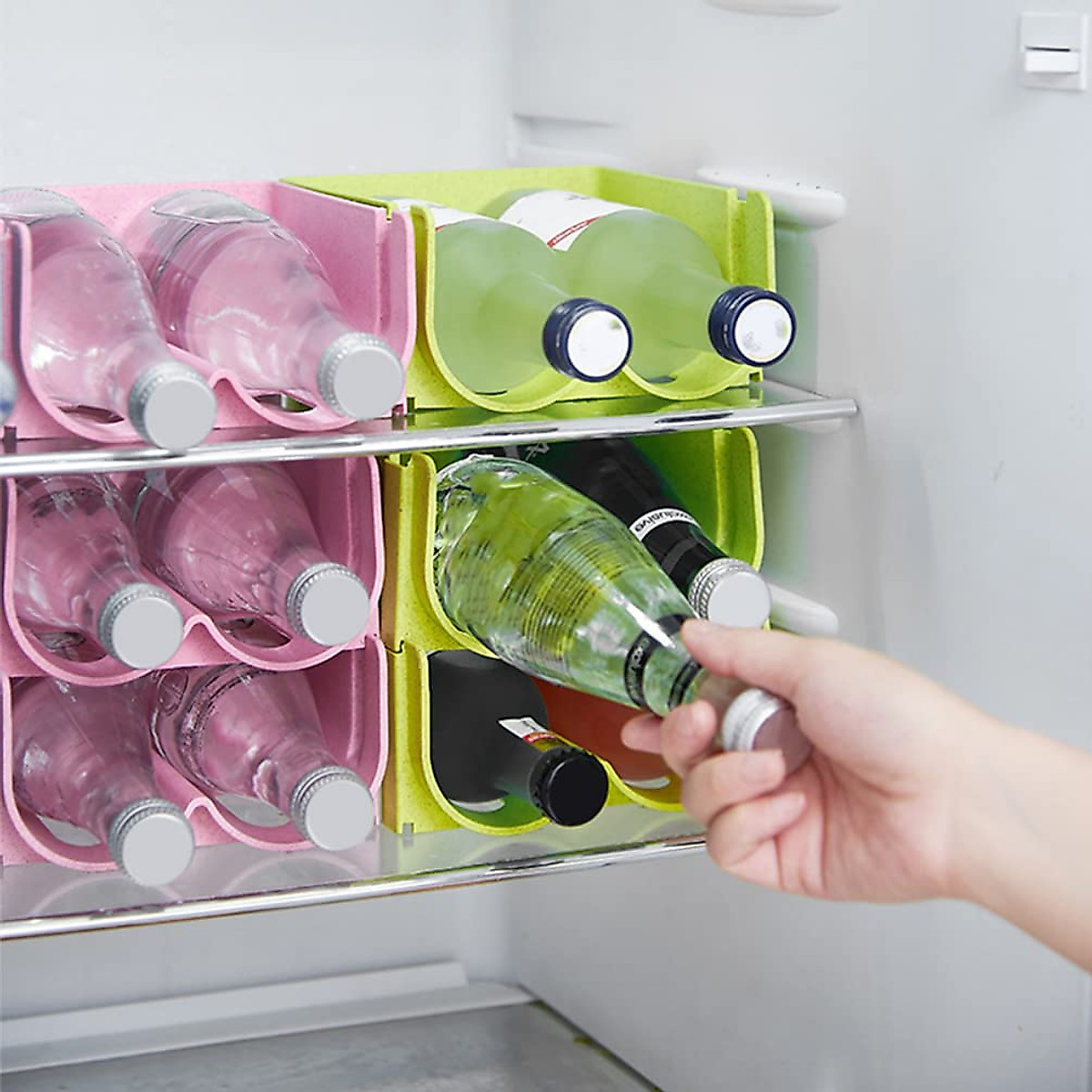 Hemoton 3pcs Refrigerator Bottle Storage Rack Wine and Water Bottle Organizer Stackable Plastic Wine Rack Beer Can Storage Box Holder for Pantry Countertop Pink