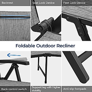 Yaheetech Outdoor Folding Chaise Lounge Set of 2 Patio Reclining Chairs w/Adjustable 7-Position Back for Beach Pool Garden Yard Deck Gray