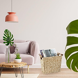 Pumtus Woven Waste Basket, Plastic Wicker Trash Can with Wooden Handles, Rectangular Storage Basket Garbage Container Bin for Bathroom, Office, Kitchen, Home, Laundry, Utility Room, Garage