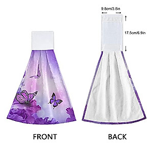 Kigai Purple Butterfly Hanging Tie Towels Set of 2, Absorbent Hand Towels Tea Bar Dish Dry Towels for Kitchen Bathroom Home Decor, 14 x18.2 inch