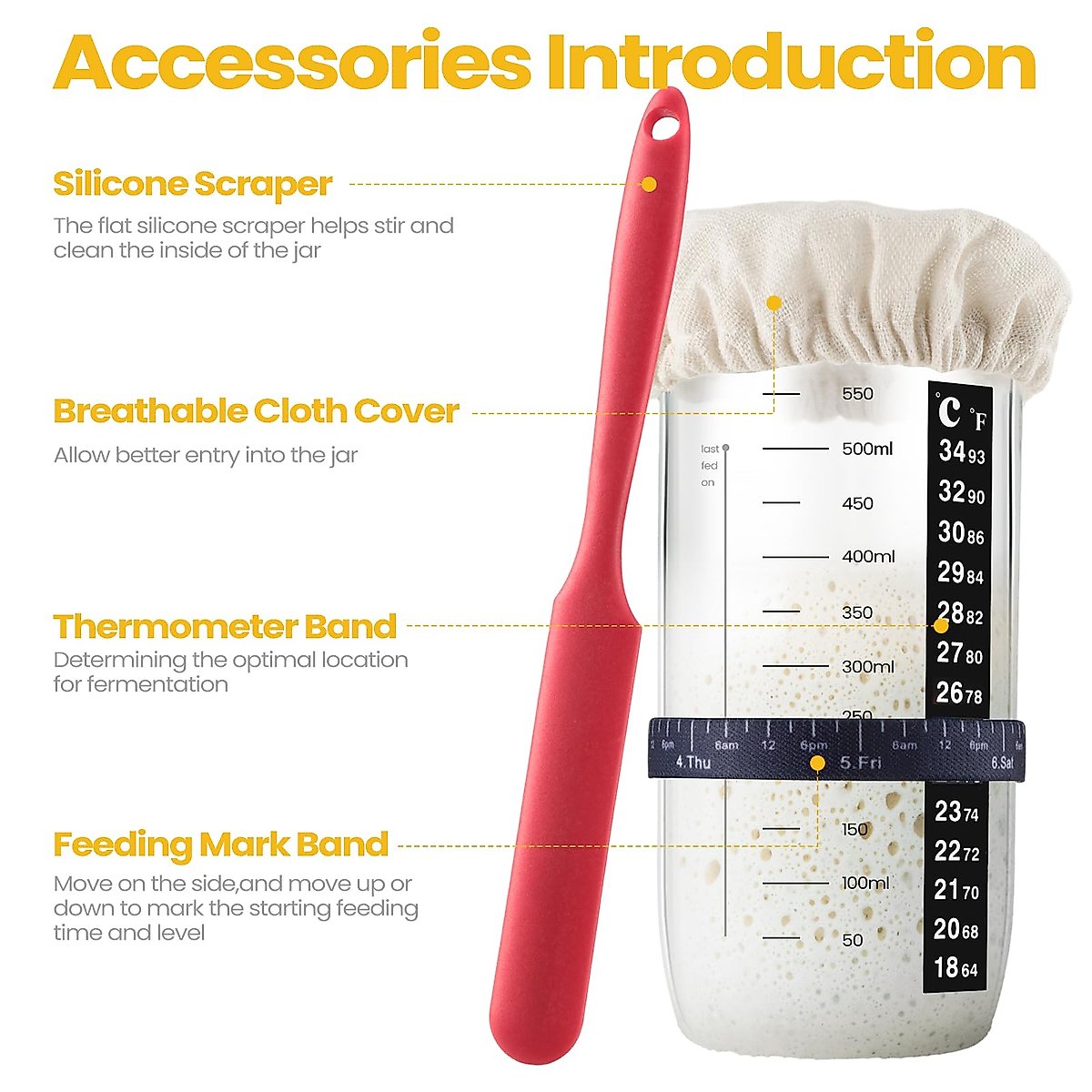 Maxcheck 4 Sets Sourdough Starter Jar Sourdough Starter Kit with Thermometer Scraper, Cloth Cover and Metal Lid 24 oz Wide Mouth Sour Dough Jar Container for Bread Baking Supplies(4 Sets)