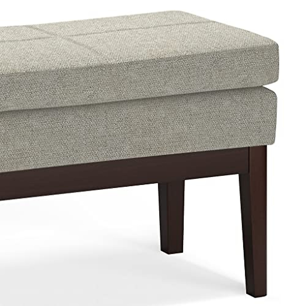 SIMPLIHOME Carlson Ottoman Bench in Greige, 15"H x 26.4"W x 17.5"D, Solid Pine Wood Frame with Dark Walnut Legs, Compact Seating for Living Room