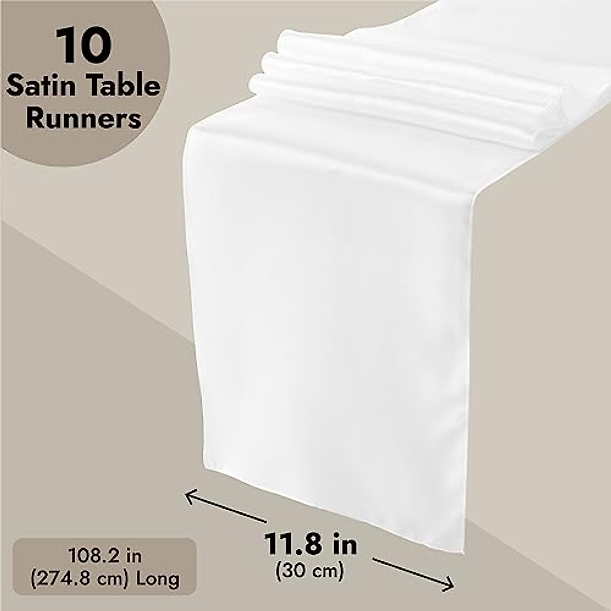 10-Pack White Satin Table Runners for Rectangular and Round Tables, Weddings, Baby Showers, Birthday Parties, Banquets, Events Decorations (White, 108.2x11.8 in)