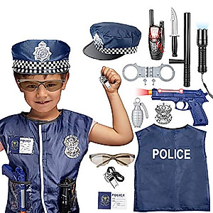 pereberi 13 PCS Police Costume for Kids Role Play Kit with Police Vest Walkie Talkie Police Badge Handcuffs Toy Gun for Boys Halloween Dress Up Clothes with Storage Bag