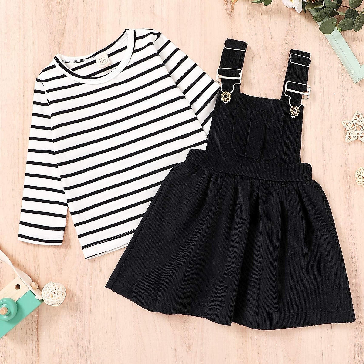 YOUNGER TREE Toddler Baby Girl Fall Outfit Long Sleeve Stripe T-shirt and Strap Dress Overall with One Pocket Clothes Sets (Black, 18-24 Months)