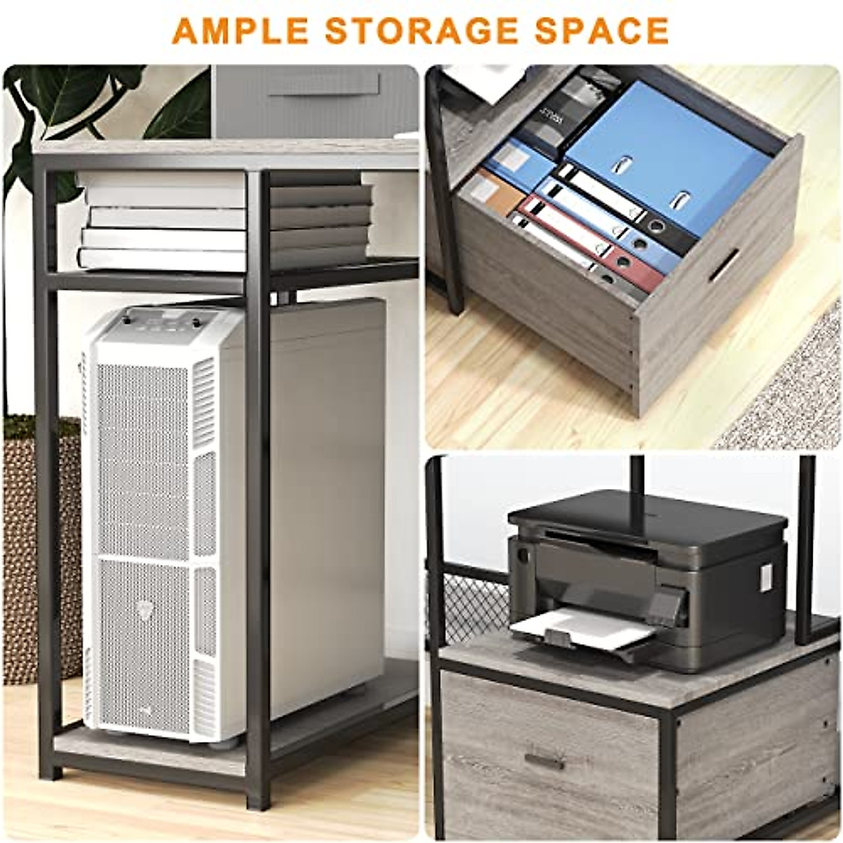 AYEASY Home Office Desk with Monitor Stand Shelf, 66 inch Large Computer Desk with Power Outlet and USB Charging Port, Computer Table with Drawers and Storage Shelves, Study Writing Desk, Wash Gray