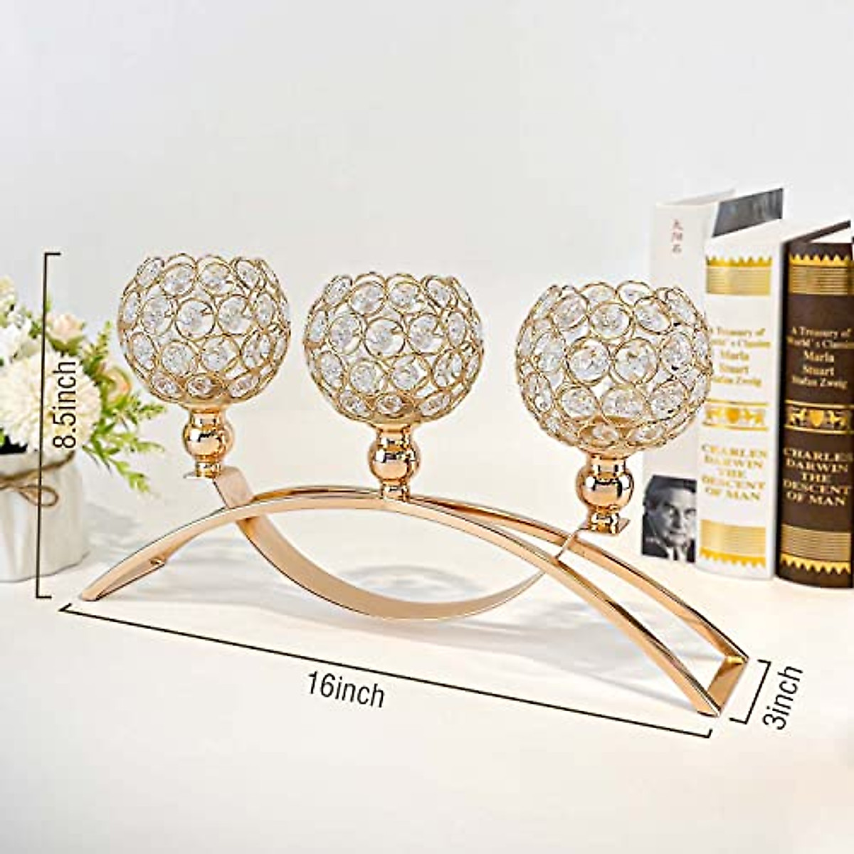 Crystal Candle Holders, Tealight Candlestick Candelabra Stand with 3 Arms,Candle Holder for Wedding Home Decor/Table Centerpiece Party Decoration (Gold)