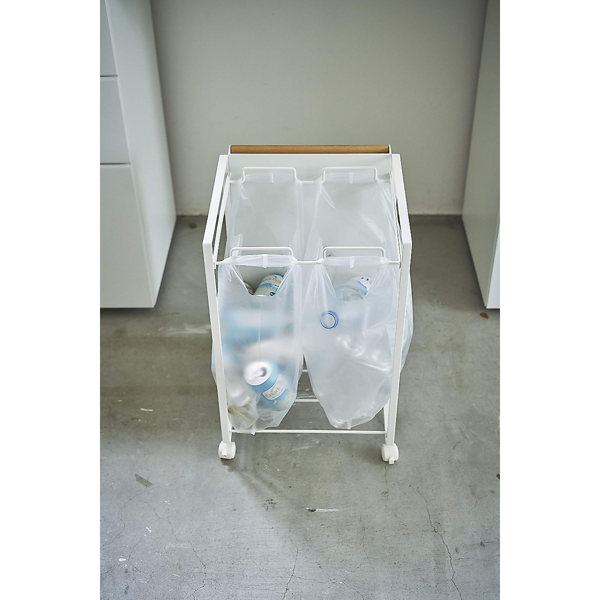 Yamazaki Home Concealed Rolling Sorter-Garbage Storage Basket On Wheels | Steel + Wood | Trash Can-Kitchen, One Size, White