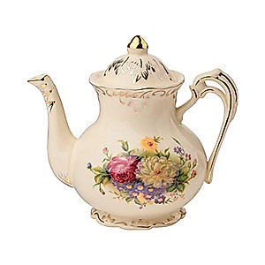 YOLIFE Tea Pot, Ivory Ceramic Vintage Teapot with Gold Leaves Edge Cute Gifts (Flowering Shrubs, 29oz)