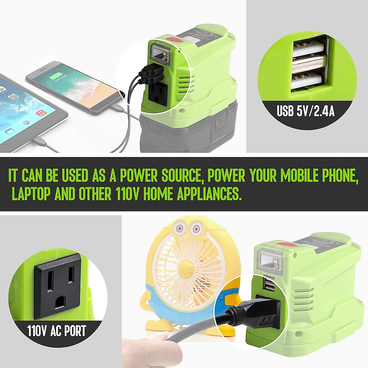 BTRUI for Ryobi Powered Inverter Generator 150 Watt for Ryobi 18V Battery, to 110v/120v AC output, Portable Power Source USB Charger Adapter, for Ryobi Power Station with LED Light