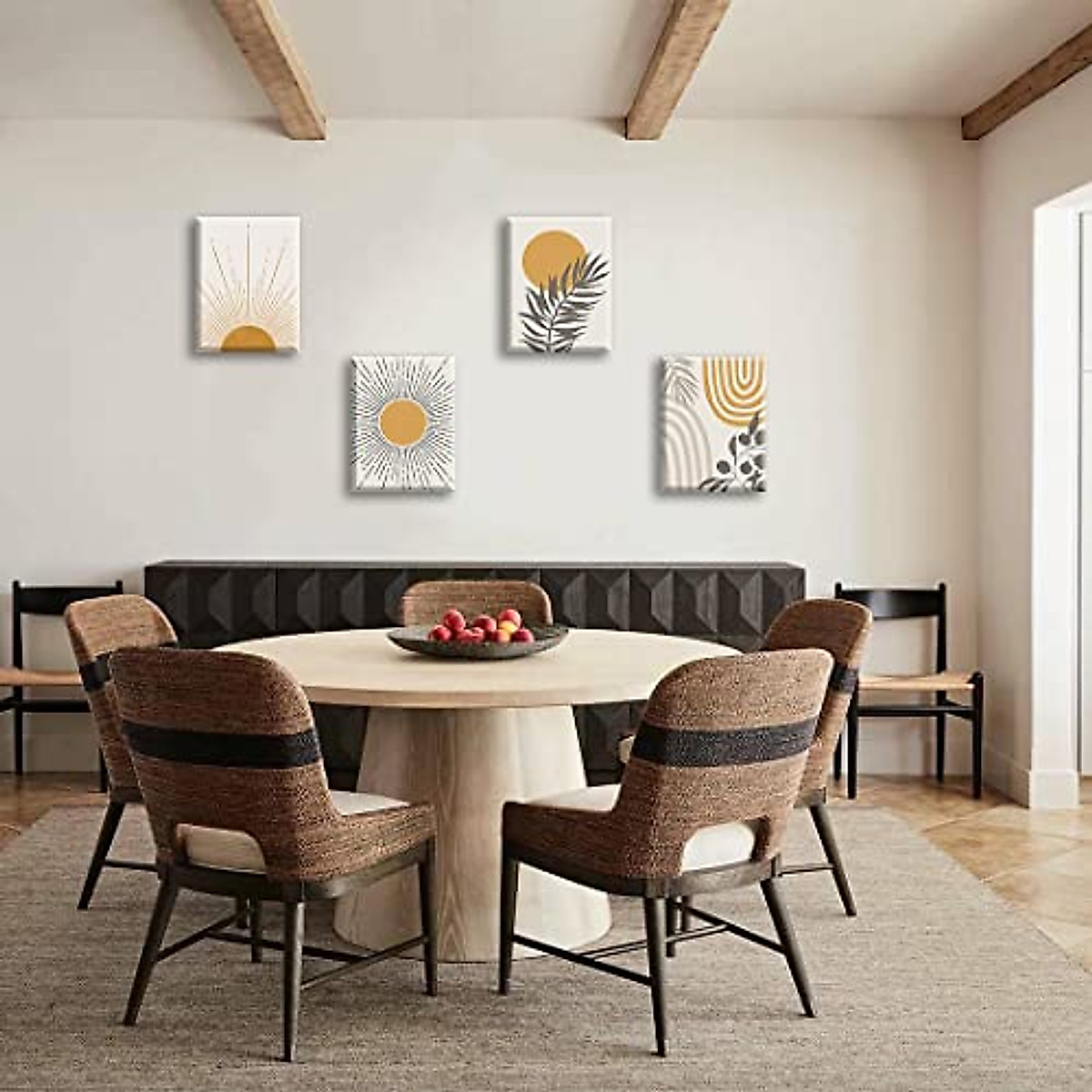 Abstract Bohemian Wall Art Sun Prints - Boho Line Poster Pictures Mid Century Canvas Artwork Framed 12x16 Inches Plant Leaf Minimalist Painting Home Decoration for Bedroom Bathroom Living Room Decor