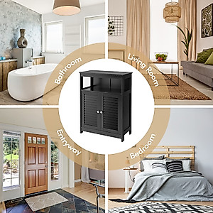COSTWAY Bathroom Storage Cabinet, Wooden Side Storage Organizer with Louver Doors & Removable Shelf, Freestanding Floor Cabinet for Living Room, Kitchen, Entryway (Black)