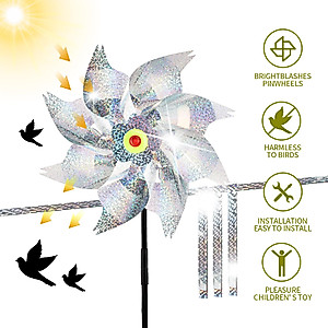 12Pack Pinwheels for Yard and Garden, Reflective Pinwheels to Scare Birds Away, Sparkly Sliver Pin Wheels with Bird Scare Tape for Outside (Pack of 12)