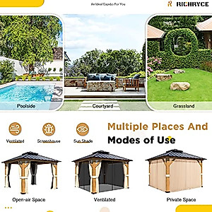 RICHRYCE 11' x 11' Solid Wood Gazebo, Hardtop Gazebo Plastic Sprayed Metal Roof Outdoor Gazebo Canopy Double Vented Roof Pergolas Wood Frame with Netting and Curtains for Garden, Patio, Lawns, Parties