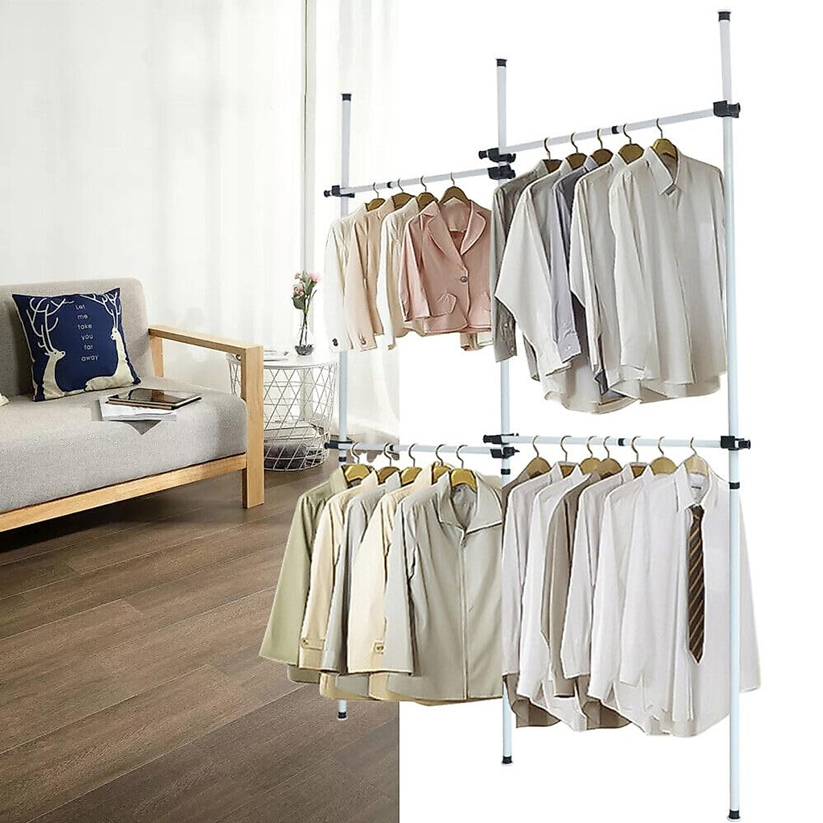 TOOL1SHOoo 2 Tiers Clothes Pipe Rack Garment Hanger Rail Storage Shilf Organizer Modern Simple Pipe Hanging Rods Clothing Rack Storage Cloth Hanging Shelf