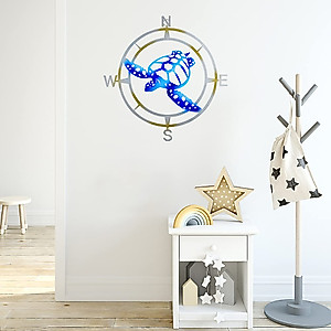 SVEIKS Sea Turtle Wall Art Decor, 15.75" Ocean Themed Round Metal Compass for Indoor Outdoor Living Room Bathroom Hallway Garden Deck