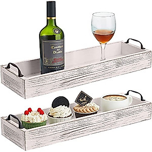 2 Pack Rustic Wooden Serving Trays Rustic Wooden Long Serving Trays with Handle Rectangular Ottoman Tray for Home Room Coffee Table Farmhouse Serving Decoration (Whitewashed)