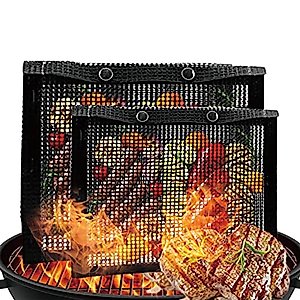 Hylfenis BBQ Mesh Grill Bags for Outdoor Grill, 2PACK Non-Stick Mesh Bags for Grilling,12 x 9.5Inch, 8.66 x 10.6 Inch-Charcoal,For Pellet Smoker BBQ Grilling