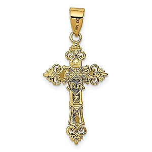 Diamond2Deal Gift for Mothers Day 14k Gold Two-tone Small Lacey-edged INRI Religious Crucifix Cross Pendant Fine Jewelry for Women (L- 29 mm, W- 14 mm)