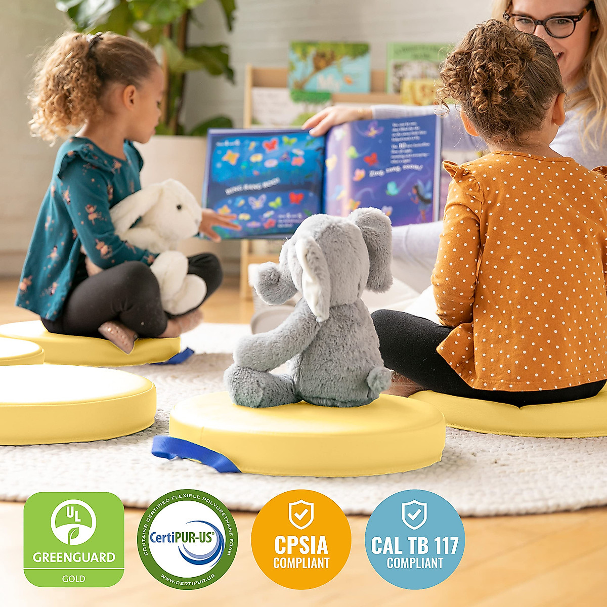 ECR4Kids SoftZone Floor Cushions with Handles, 2" Deluxe Foam, Round, Yellow, (6-Pack)