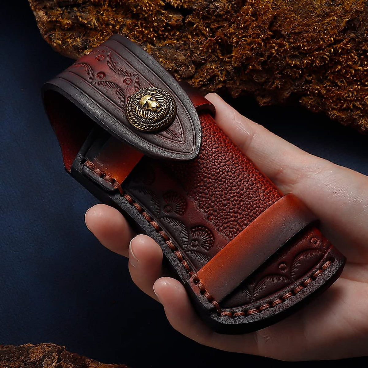 Pocket Knife Sheath,Leather Folding Pouch for 4'' Trapper Knife,Small (Lion head), Brown