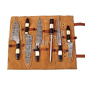 HandyCrafts Hk71 Damascus Chef knife set of 6 pieces Professional utility japanese style BBQ Steel with Black American wood and Camel Bone Leather Sheath Cover, HC71, Black/White, 11 x 3 x 2 inches