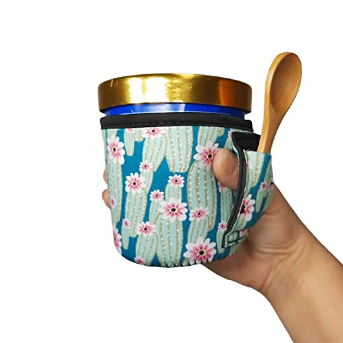 Lit Handlers Ice Cream Cooler Sleeve - Neoprene Ice Cream Pint Holder with Handle and Pocket - Tear Resistant Cooler - Machine Washable & Leak Proof Cup Cover for Frozen Desserts(Green Cactus)
