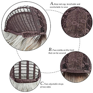 Rose bud Wavy Bob Wig with Bangs Natural Ombre Silver Wig Synthetic Hair Shoulder Length Short Curly Wigs for Women