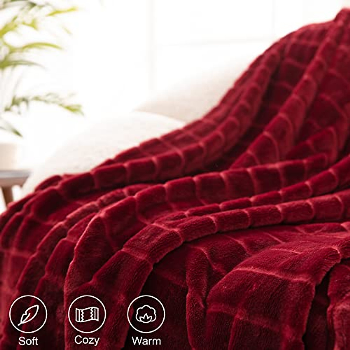 Bertte Plush Throw Super Soft Fuzzy Warm Blanket | 330 GSM Lightweight Fluffy Cozy Luxury Decorative Stripe Blanket for Bed Couch - 50"x 60", Burgundy