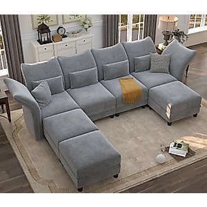 LLappuil Chenille Sectional Couch U Shaped 7 Seater Deep Modular Sectional Sofa with Storage and Adjustable Armrest Backrest, Large Sectional Sleeper Sofa Set, Grey