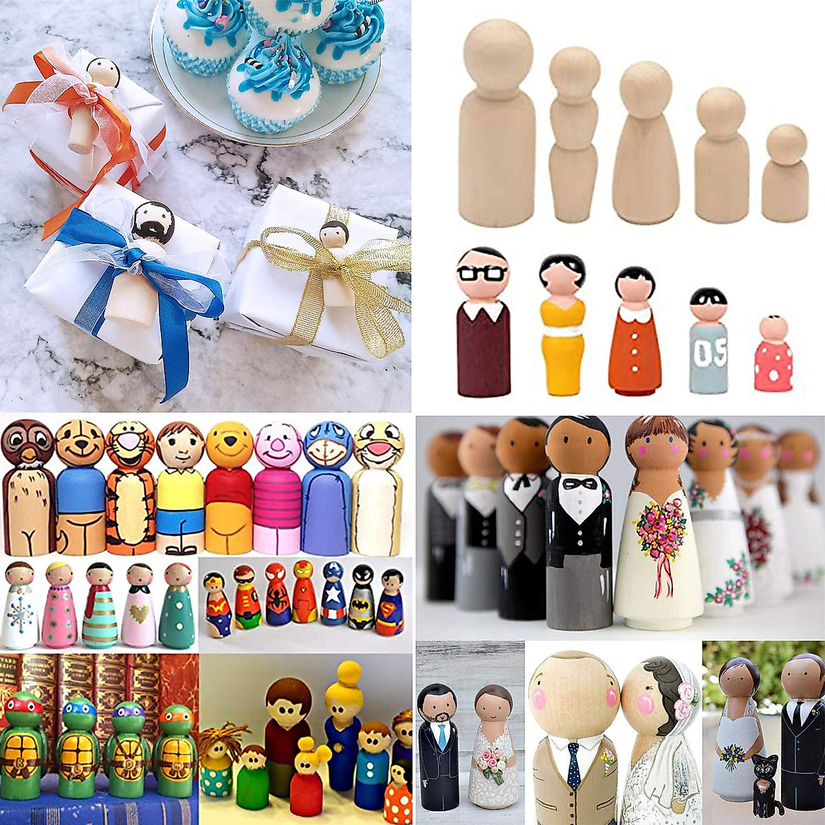 GACYSMD Wooden Peg Dolls Set 55pcs of Natural Unfinished Peg People Family, Unpainted Wooden Peg Dolls Unfinished Figures Mini peg People Wooden for Arts and Crafts