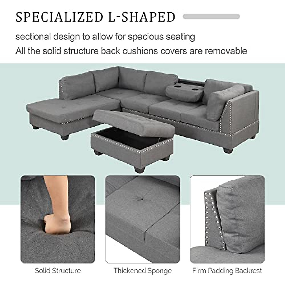Verfur Fabric Upholstery Convertible Sectional Sofa with Reversible Chaise, L Shaped Couch with Storage Ottoman and 2 Cup Holders Corner, Gray Linen