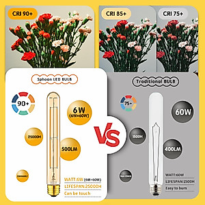 Sphoon 6W Dimmable T10 8.9inch Amber LED Bulb E26 Light Bulb Equal 60 watt 225 Long Led Light Bulb AC120V 2200K Edison 500LM for Rustic Pendant,Industrial Pipe,Wall sconces,Vanity 4Pack