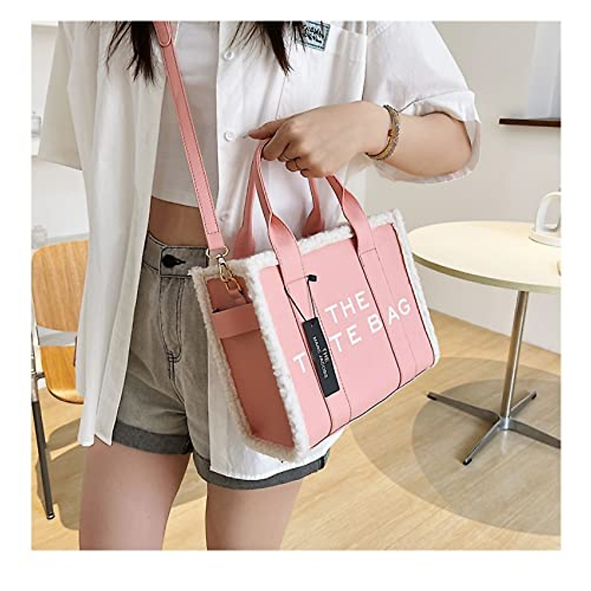 The Tote Bag for Women, Letter Handbag Tote Bag, Lamb Fur + Leather Shoulder/Crossbody Bag, for Office, Travel, School
