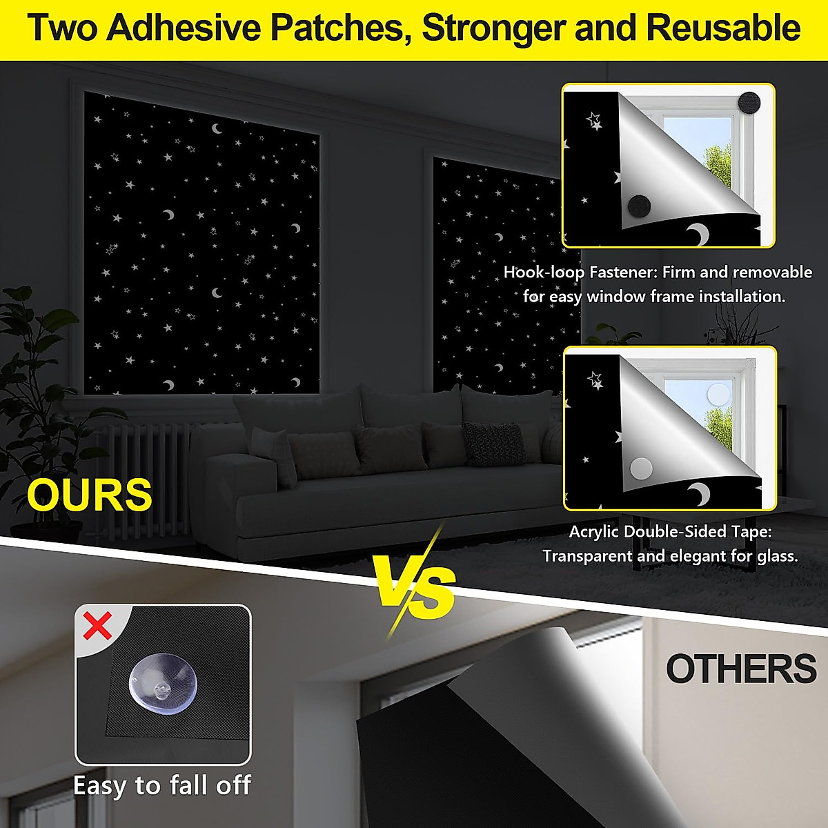 FADOTY 100% Blackout Blinds 79" x 57" Blackout Window Cover Travel Blackout Curtains for Bedroom Dorm Room Windows Temporary Blackout Shades for Night Shift Worker Black & Star