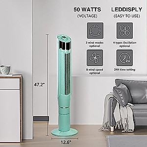 R.W.FLAME Tower Fan,360° oscillating standing fan, Room Fan, Portable Bladeless, Quiet Floor Fan with Remote, 8 Speeds, 3 Modes, 24H Timer for Bedroom, and Home Office Use (47-inch, GREEN)