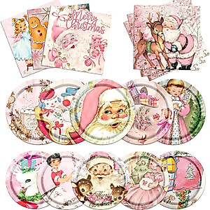 Dydamud Pink Christmas Decorations,Retro Angel Sisters Tableware Sets Vintage Santa Party Plates and Wishing Tree Napkins for Winter Xmas Holiday Party Favors