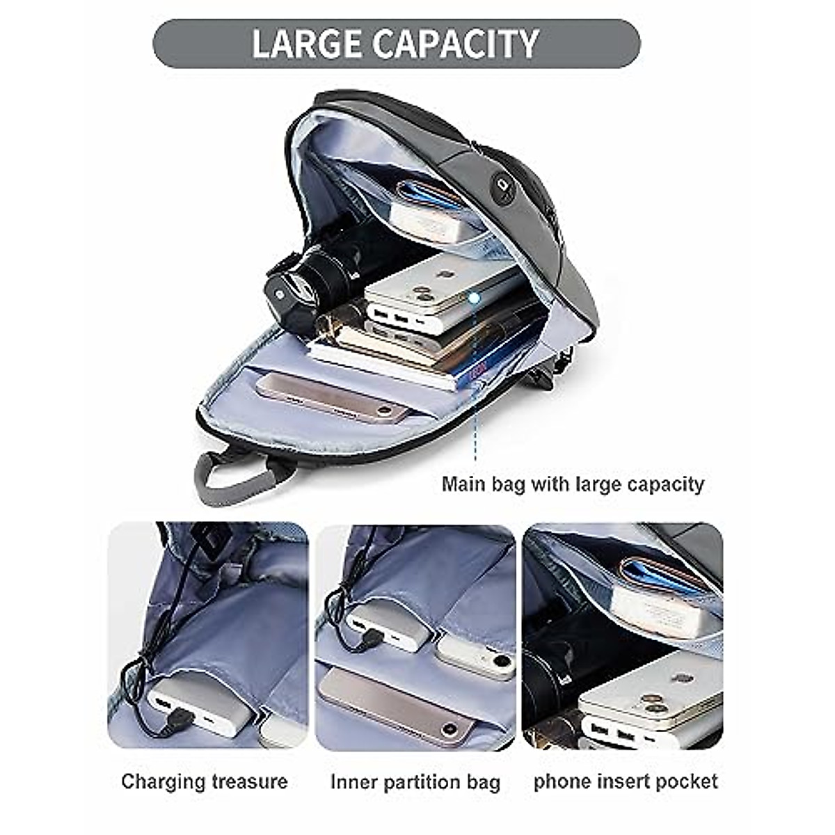 Grey Sling Bag for Men Women, Small Anti Theft One Strap Motorcycle Backpack Sling Tactical Chest Bag for Swimming Diving Outdoor Sports