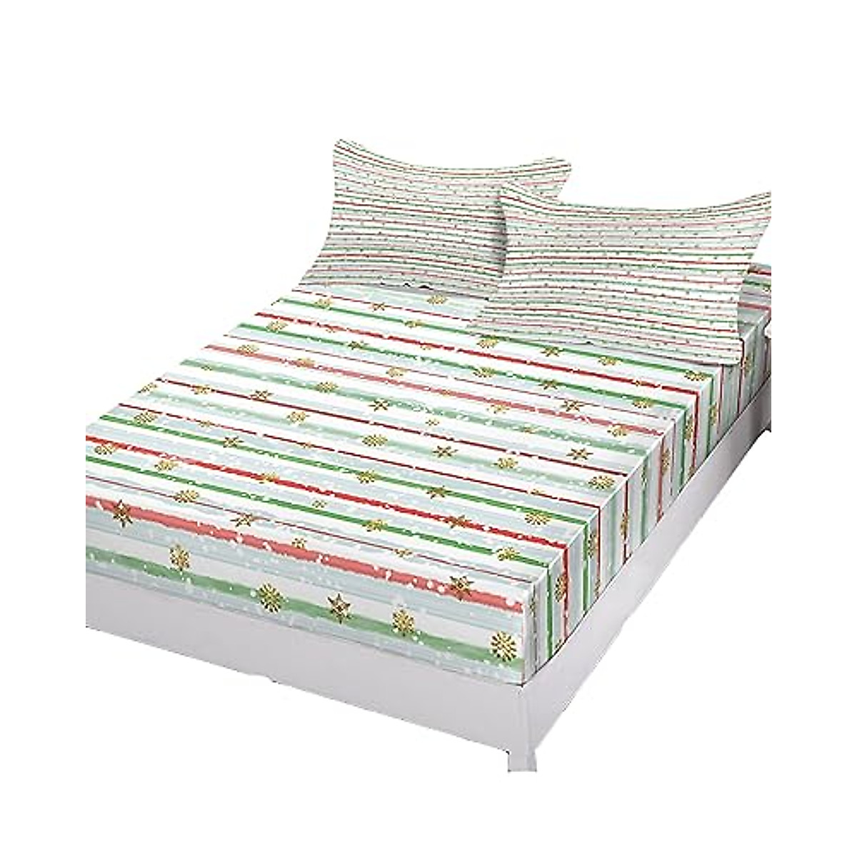 Full Size Fitted Sheet Bed Set Merry Christmas Red Green Stripe Deep Pocket Soft Bottom Sheets&Pillowcases for Bedroom Decor Winter Gold Snowflake Texture,Fits Mattress Up to 16" Deep