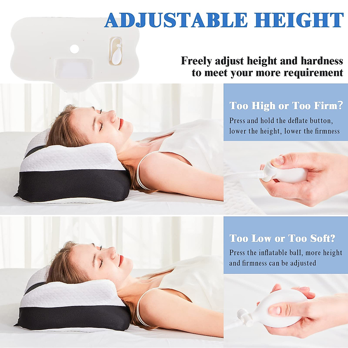 Cervical Memory Foam Pillows, Side Sleeper Pillow for Neck Shoulder Pain Relive Orthopedic Contour Ergonomic Inflatable Height Adjustable Pillow for Back Stomach Side Sleepers with Air Bag