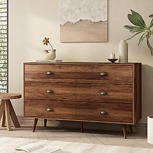 CARPETNAL Walnut Brown Dresser for Bedroom, 6 Drawer Dresser with Wide Drawers and Metal Knob, Wood Dressers & Chest of Hallway, Entryway.