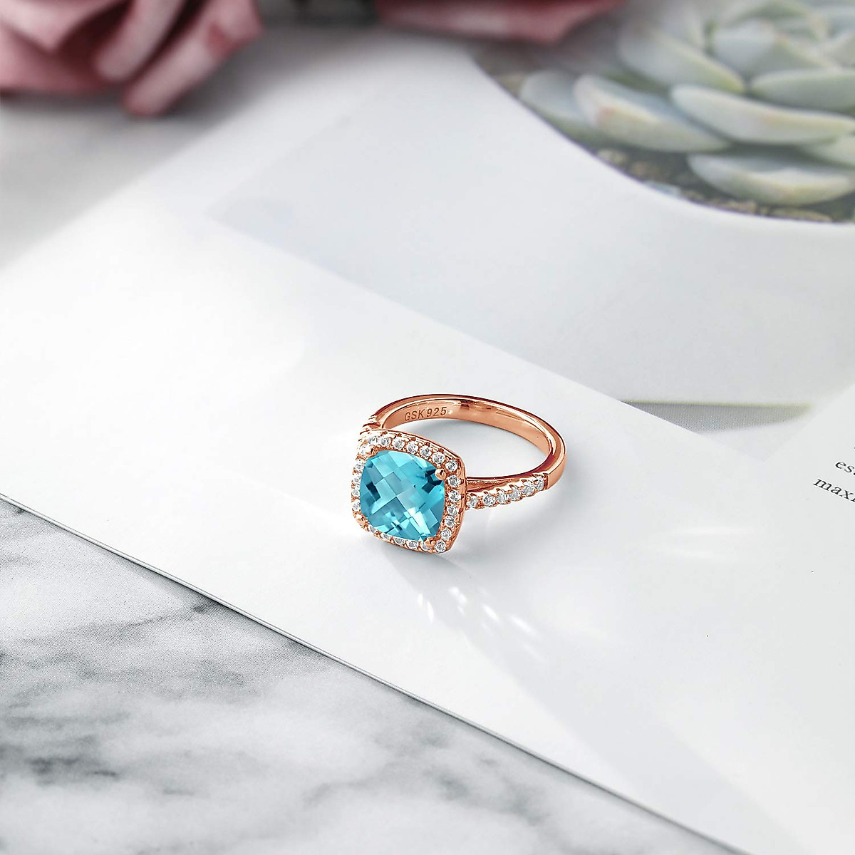 Gem Stone King 3.25 Ct Cushion Checkerboard Swiss Blue Topaz White Created Sapphire 18K Rose Gold Plated Silver Ring (Size 7)