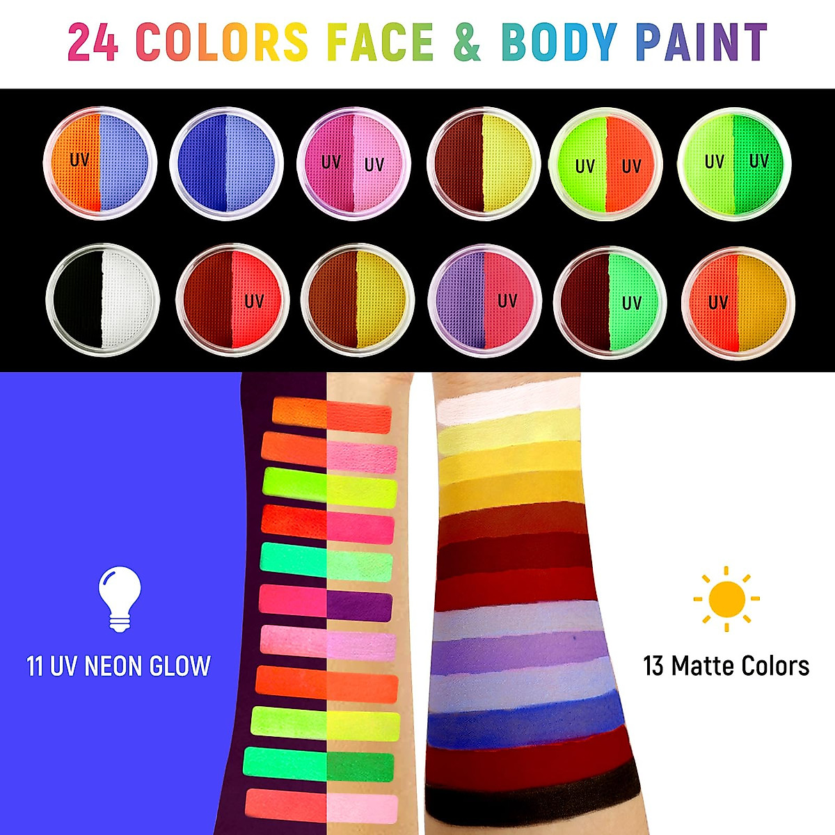 24 Colors Face & Body Paint with 2 Brushes UV Blacklight Neon Rainbow Face Painting Kit for Kids Adult Water Activated Graphic Eyeliner Glow In The Dark for Halloween, Cosplay, Parties & Stage Makeup