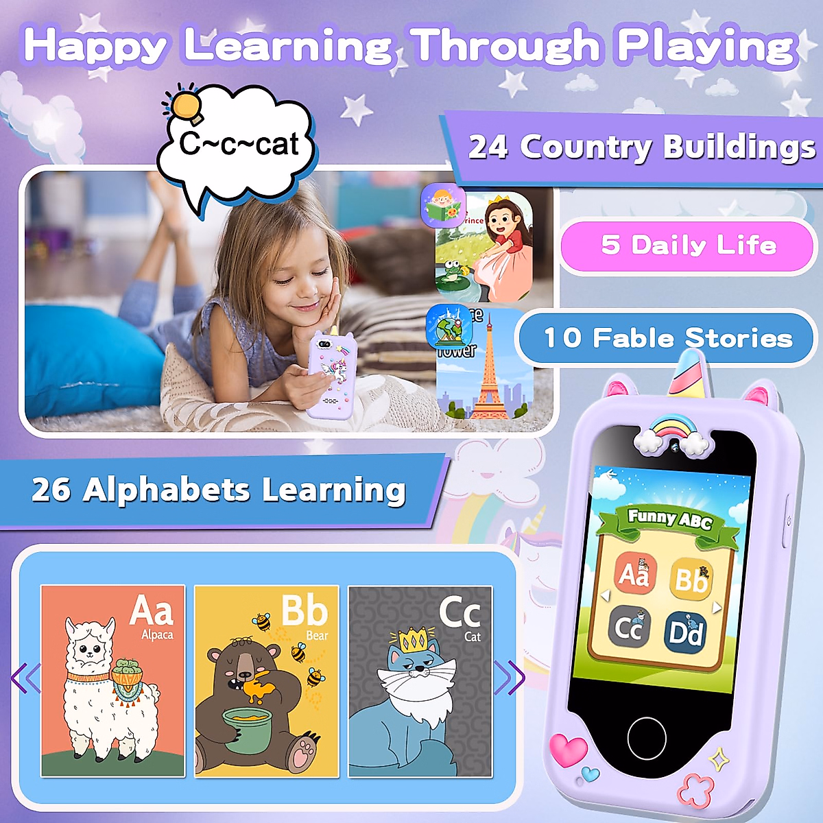 Kids Smart Phone for Girls, Christmas Birthday Gifts for Girls Age 3-10 Kids Toys Cell Phone, 2.8" Touchscreen Toddler Learning Play Toy Phone with Dual Camera, Game, Music Player, 8GB Card Purple