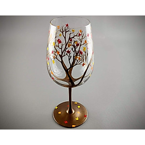 Autumn Tree Wine Glass - Fall Colors - Leaves of Red, Yellow, Orange - Hand Painted - Fall Leaf - 20 ounce